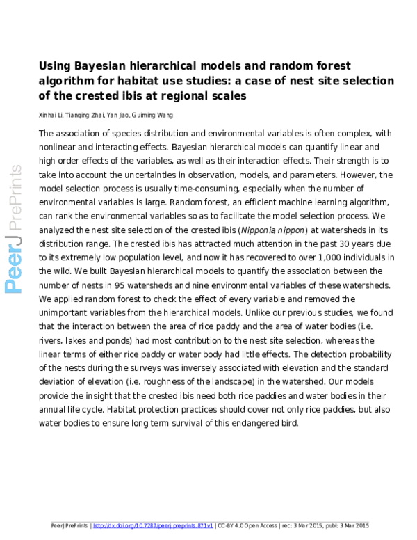 (PDF) Using Bayesian hierarchical models and random forest algorithm for habitat use studies: a ...