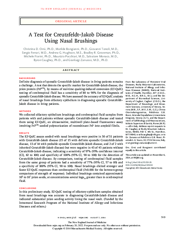 (PDF) A test for Creutzfeldt-Jakob disease using nasal brushings