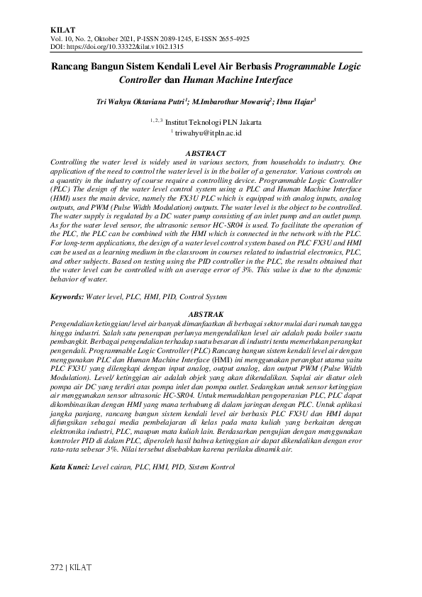 (PDF) Rancang Bangun Sistem Kendali Level Air Berbasis Programmable Logic Controller dan Human ...