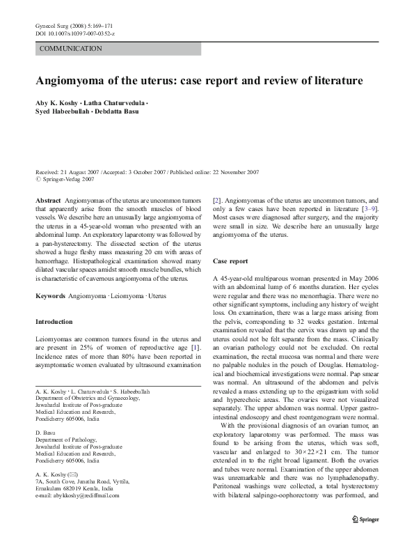 (PDF) Angiomyoma of the uterus: case report and review of literature