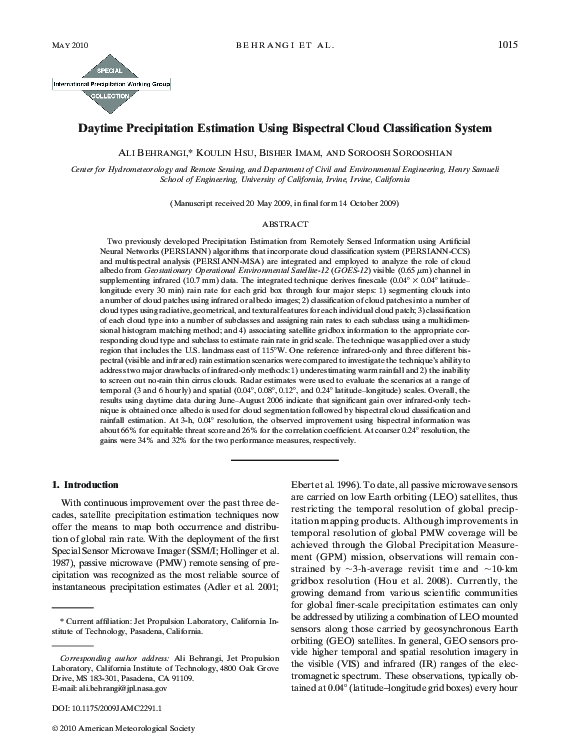 (PDF) Daytime Precipitation Estimation Using Bispectral Cloud Classification System