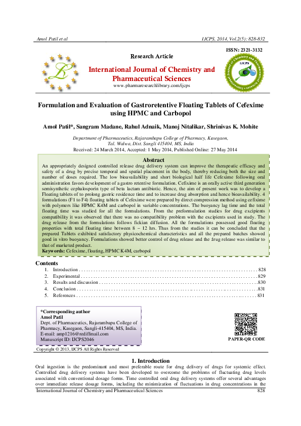 Pdf International Journal Formulation And Evaluation Of Gastroretentive Floating Tablets Of