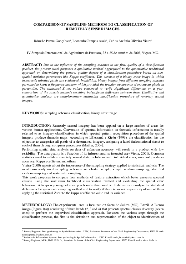 Pdf Comparison Of Sampling Methods To Classification Of Remotely