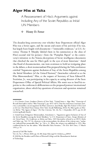 (PDF) Alger Hiss at Yalta: A Reassessment of Hiss's Arguments against ...