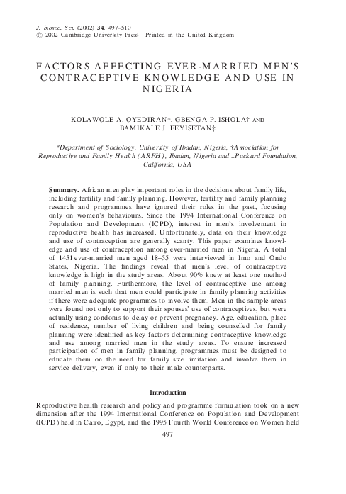 (PDF) Factors Affecting Ever-Married Men’s Contraceptive Knowledge and Use in Nigeria