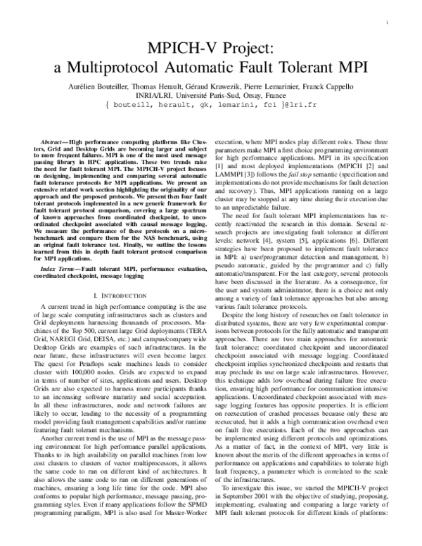 (PDF) MPICH-V Project: A Multiprotocol Automatic Fault-Tolerant MPI