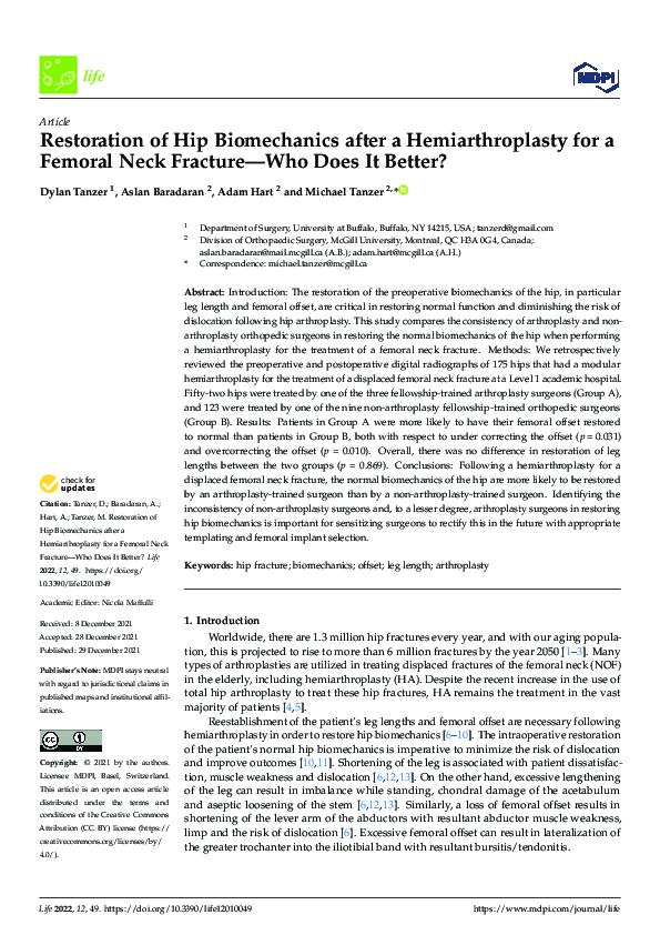 (PDF) Restoration of Hip Biomechanics after a Hemiarthroplasty for a ...