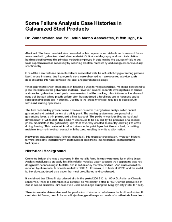 (PDF) Some Failure Analysis Case Histories in Galvanized Steel Products