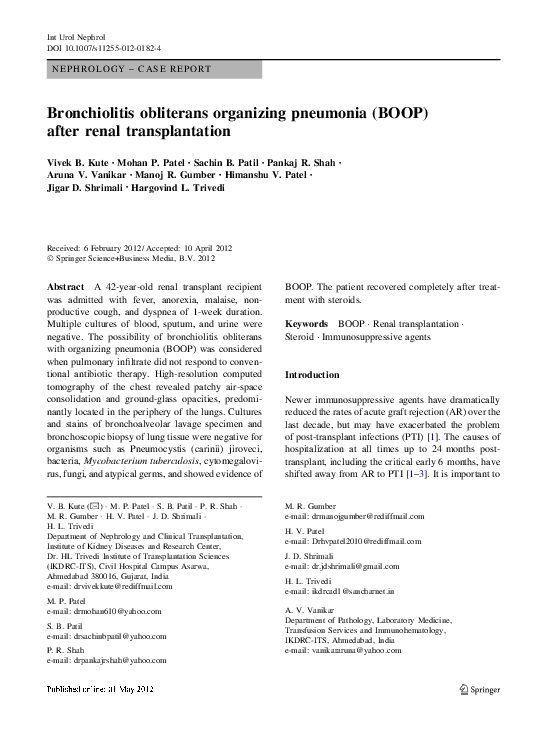 (PDF) Bronchiolitis obliterans organizing pneumonia (BOOP) after renal transplantation | Jigar ...