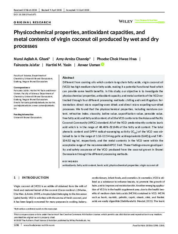 (PDF) Physicochemical properties, antioxidant capacities, and metal contents of virgin coconut ...