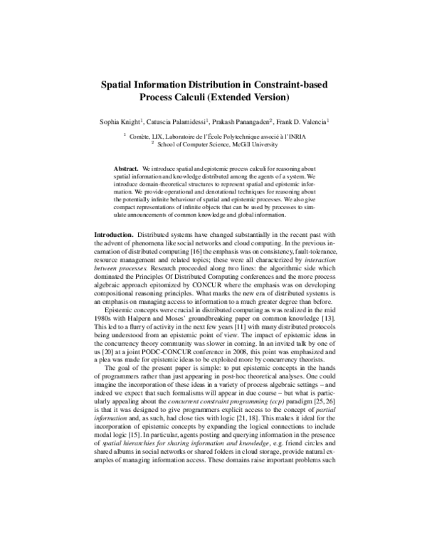 Pdf Spatial Information Distribution In Constraint Based Process Calculi Extended Version