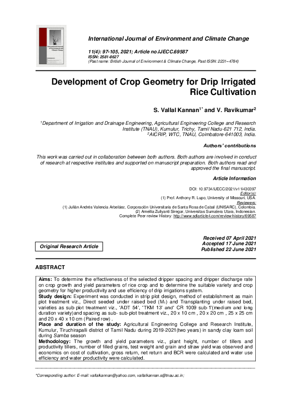 (PDF) Development of Crop Geometry for Drip Irrigated Rice Cultivation