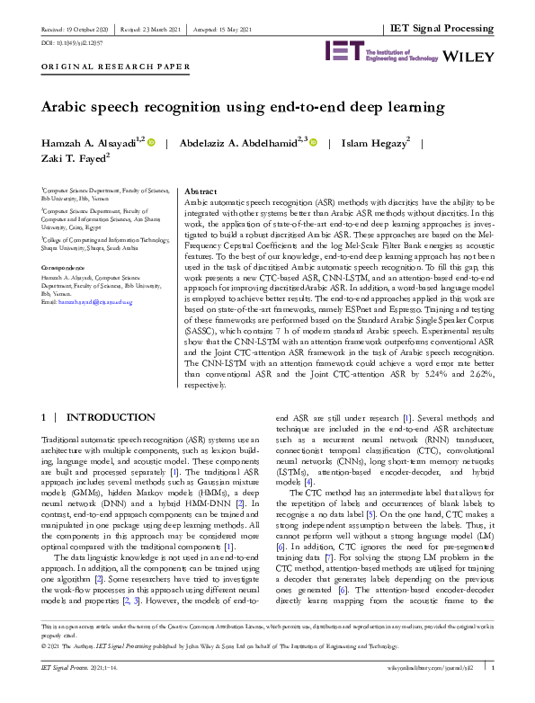 Pdf Arabic Speech Recognition Using End‐to‐end Deep Learning