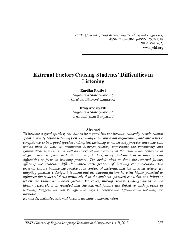 (PDF) External Factors Causing Students’ Difficulties in Listening