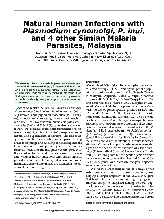 (PDF) Natural Human Infections with Plasmodium cynomolgi, P. inui, and ...