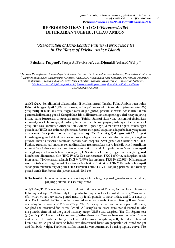 (PDF) REPRODUKSI IKAN LALOSI (Pterocaesio tile) DI PERAIRAN TULEHU ...