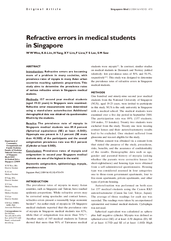 (PDF) Refractive errors in medical students in Singapore