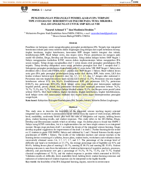 (PDF) Pengembangan Perangkat Pembelajaran Ipa Terpadu Tipe Integrated Berorientasi Inkuiri Pada ...