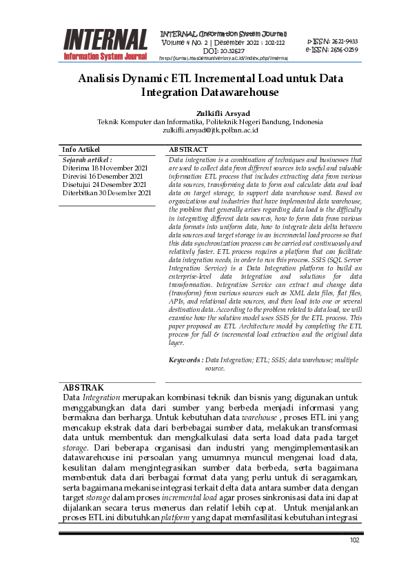 (PDF) Analisis Dynamic ETL Incremental Load untuk Data Integration Datawarehouse
