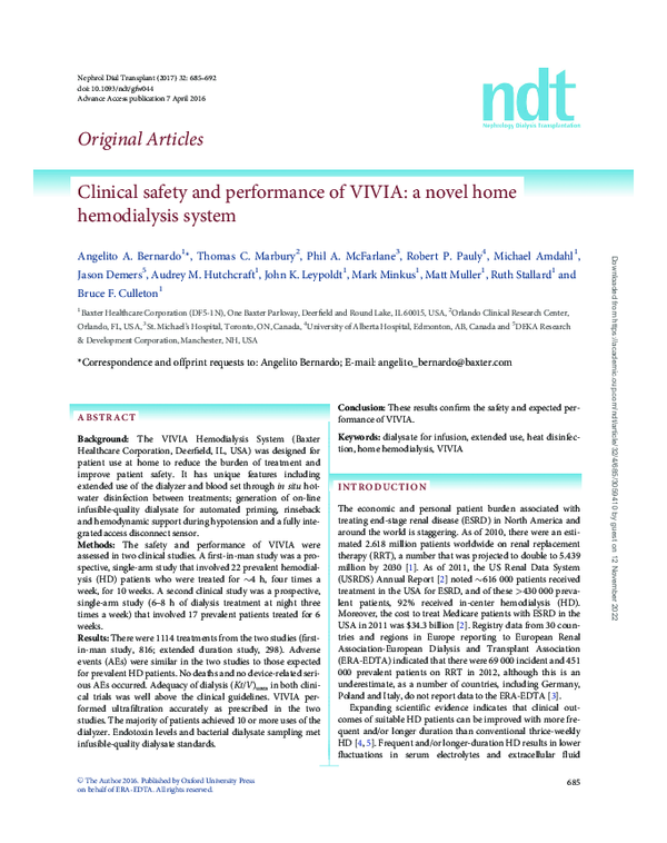 (PDF) Clinical safety and performance of VIVIA: a novel home ...