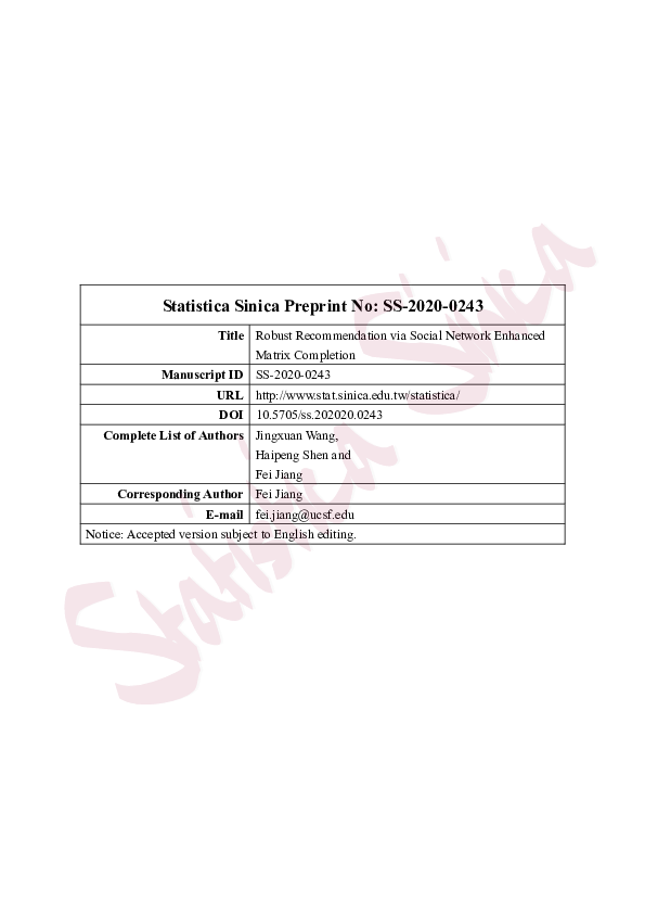 Pdf Robust Recommendation Via Social Network Enhanced Matrix Completion