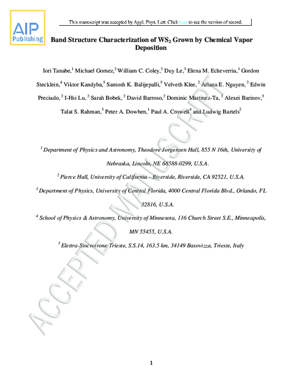 (PDF) Band structure characterization of WS2 grown by chemical vapor ...