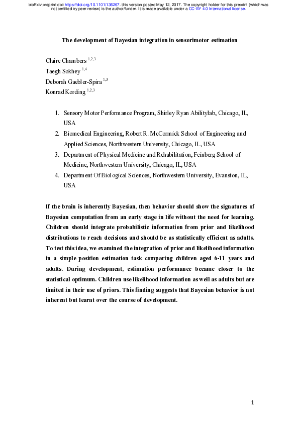 Pdf The Development Of Bayesian Integration In Sensorimotor Estimation