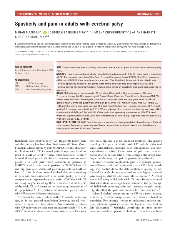 (PDF) Spasticity and pain in adults with cerebral palsy