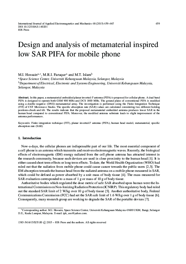 (PDF) Design and analysis of metamaterial inspired low SAR PIFA for mobile phone