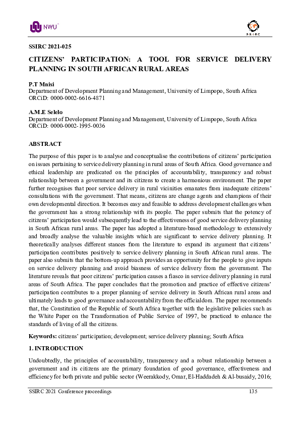 (PDF) CITIZENS' PARTICIPATION: A TOOL FOR SERVICE DELIVERY PLANNING IN ...