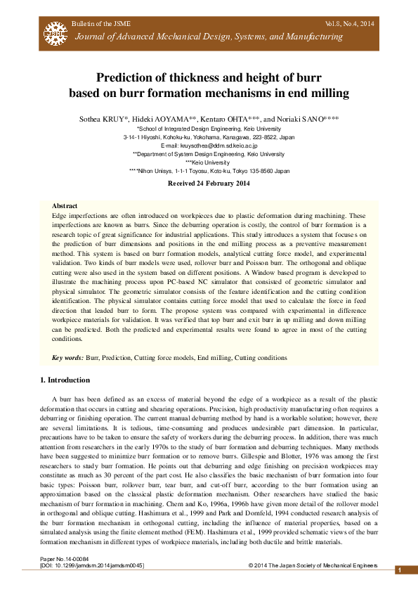 (PDF) Prediction of thickness and height of burr based on burr ...