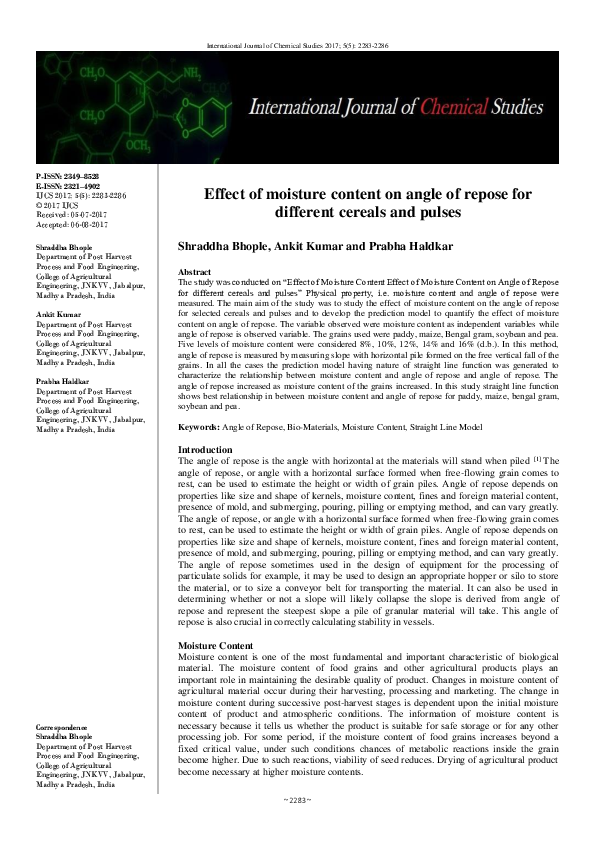 Pdf Effect Of Moisture Content On Angle Of Repose For Different