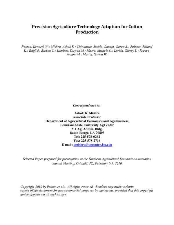 (PDF) Precision Agriculture Technology Adoption for Cotton Production