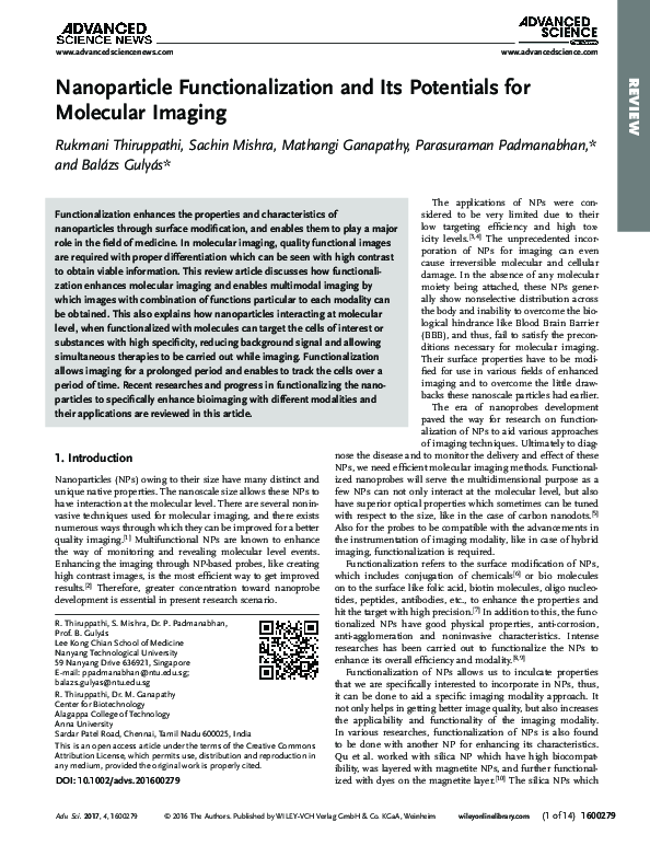 (PDF) Nanoparticle Functionalization and Its Potentials for Molecular Imaging