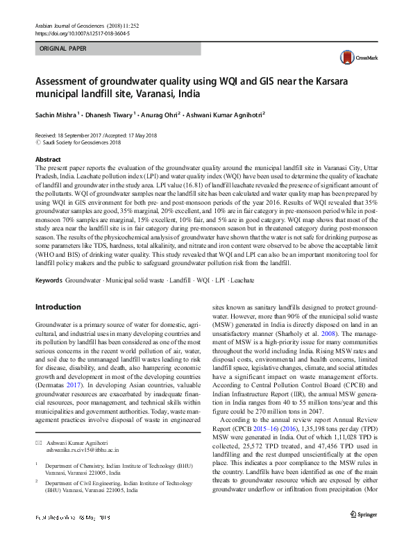 (PDF) Assessment of groundwater quality using WQI and GIS near the Karsara municipal landfill ...