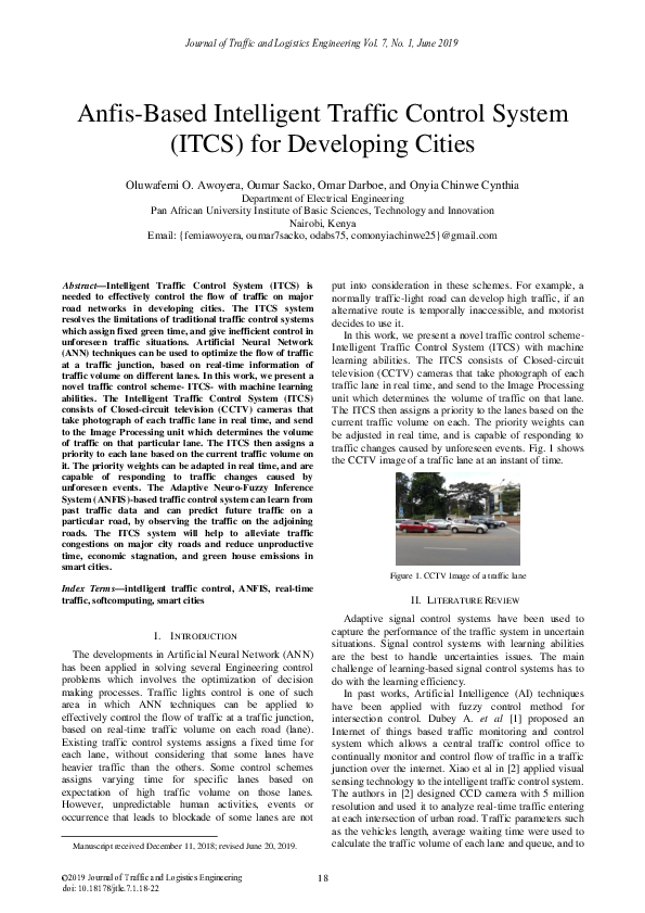 (PDF) Anfis-Based Intelligent Traffic Control System (ITCS) for Developing Cities | OLUWAFEMI ...