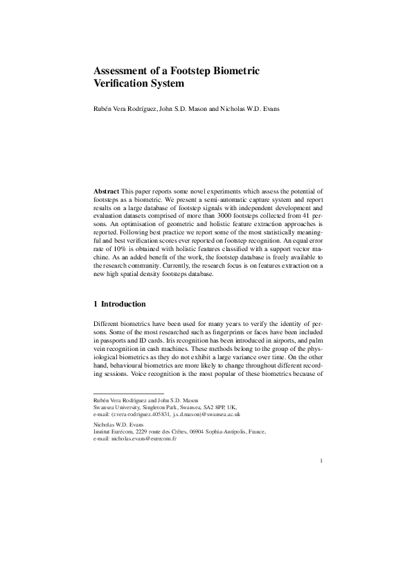(PDF) Assessment of a Footstep Biometric Verification System