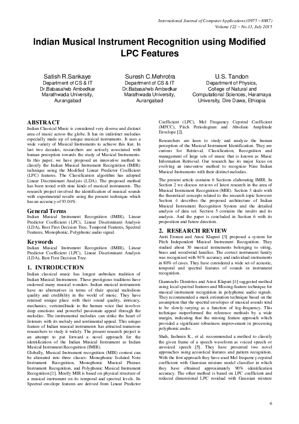 Pdf Indian Musical Instrument Recognition Using Modified Lpc Features Us Tandon