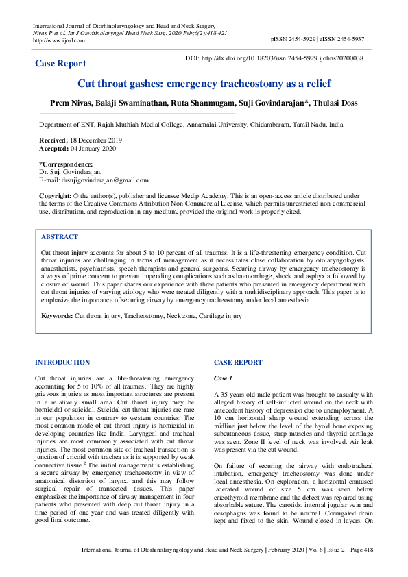 (PDF) Cut throat gashes: emergency tracheostomy as a relief