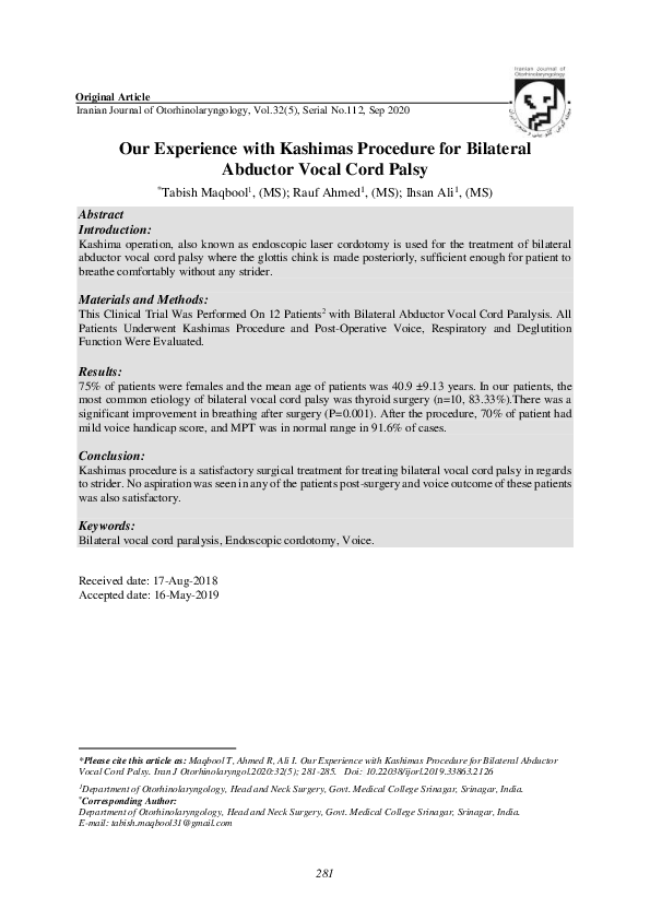 (PDF) Our Experience with Kashimas Procedure for Bilateral Abductor ...