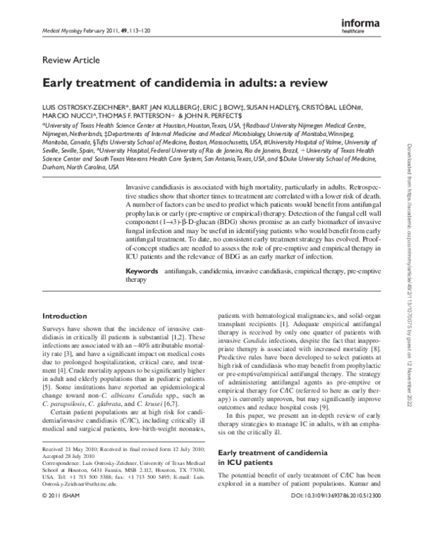 (PDF) Early treatment of candidemia in adults: a review