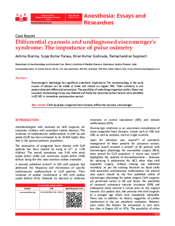 (PDF) Differential cyanosis and undiagnosed eisenmenger′s syndrome: The ...