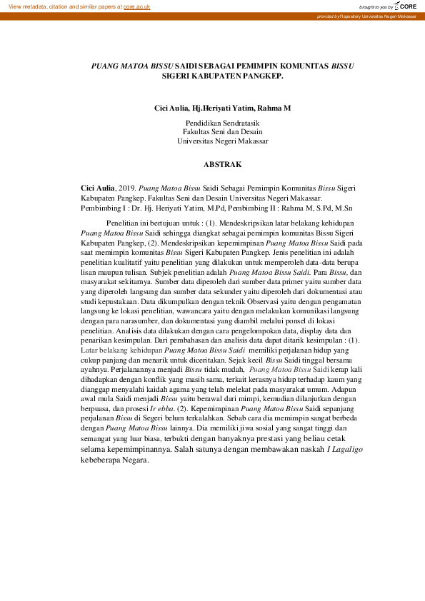 (PDF) Puang Matoa Bissu Saidi Sebagai Pemimpin Komunitas Bissu Sigeri ...