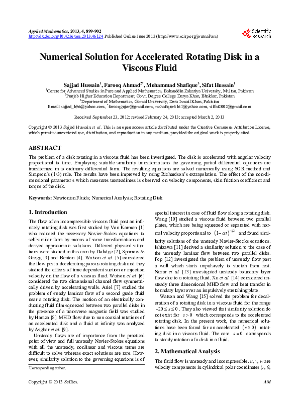 Pdf Numerical Solution For Accelerated Rotating Disk In A Viscous Fluid Sajjad Hussain
