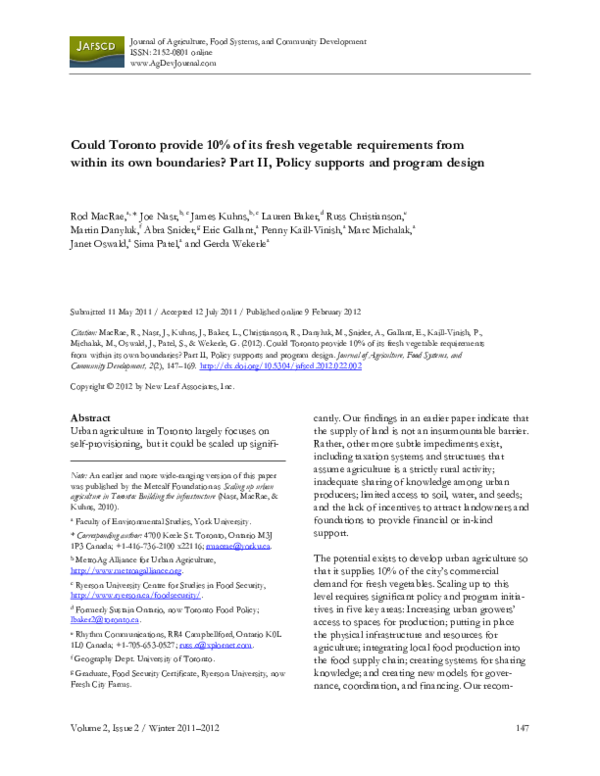 (PDF) Could Toronto Provide 10% of its Fresh Vegetable Requirements ...