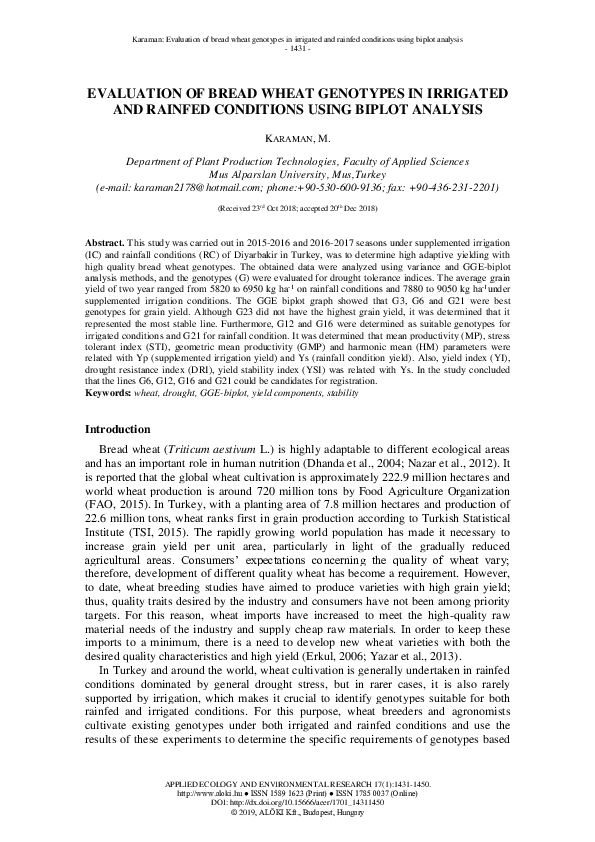 (PDF) Evaluation of Bread Wheat Genotypes in Irrigated and Rainfed Conditions Using Biplot Analysis