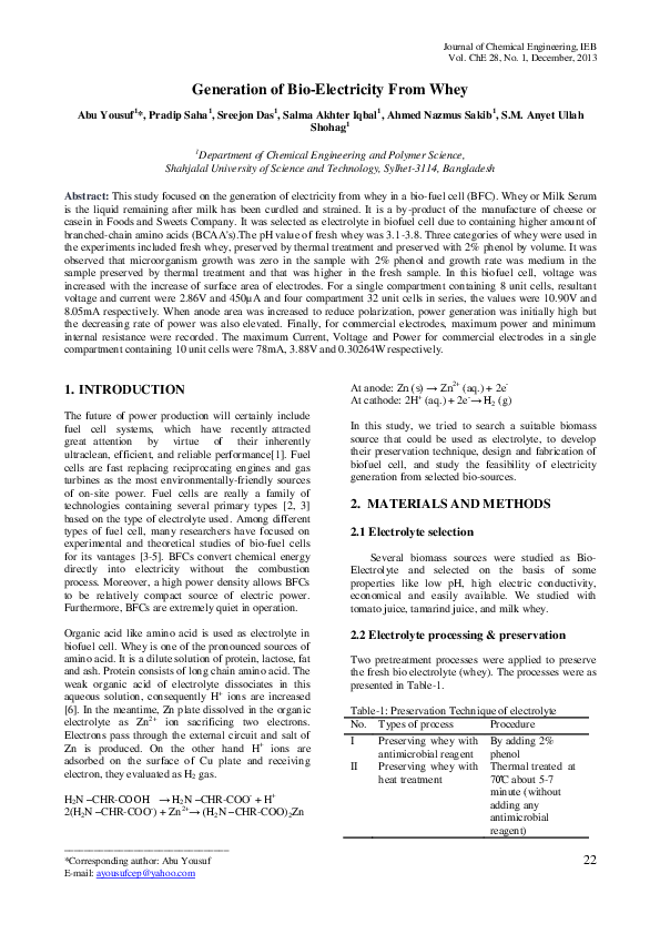 (PDF) Generation of Bio-Electricity From Whey