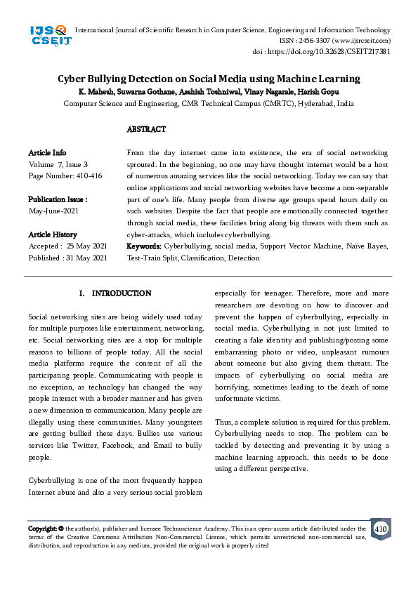 Pdf Cyber Bullying Detection On Social Media Using Machine Learning