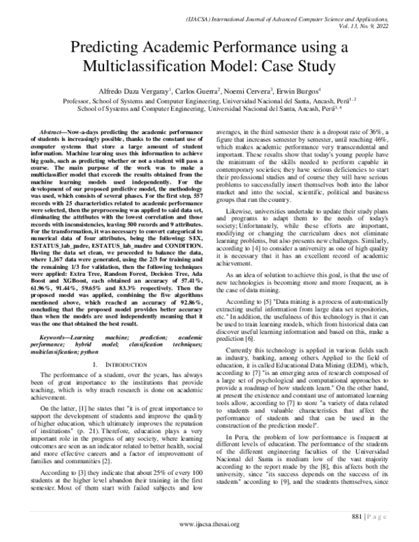 (PDF) Predicting Academic Performance using a Multiclassification Model: Case Study