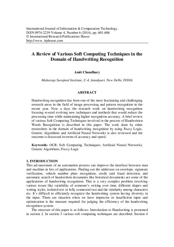 (PDF) A Review of Various Soft Computing Techniques in the Domain of Handwriting Recognition